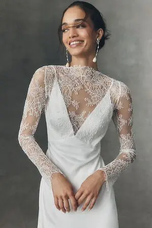 Jenny Yoo Satin Wedding Gown With Lace Yoke And Long Sleeves - Ivory