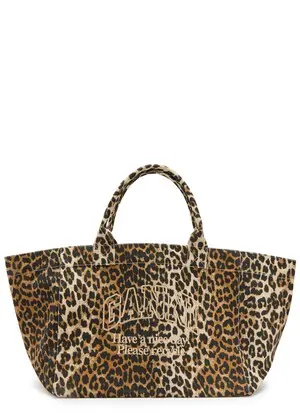 GANNI Printed Xxl Shopper Canvas Tote Bag - Leopard