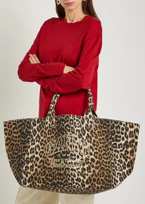 GANNI Printed Xxl Shopper Canvas Tote Bag - Leopard