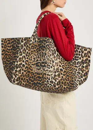 GANNI Printed Xxl Shopper Canvas Tote Bag - Leopard