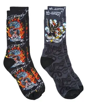 Ed Hardy Flaming Eagle 360 Print Full Cushion Crew Socks 2-pack - Black