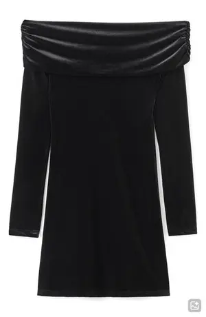 Mango Off-the-shoulder Long Sleeve Velvet Mini Dress - Black
