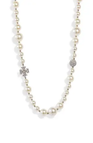 Tory Burch Pavé Crystal Charm & Imitation Pearl Choker Necklace - Silver/tory Silver/pearl