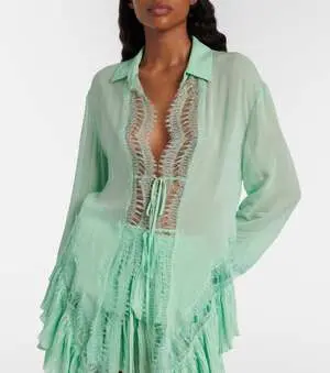 Blumarine Lace-trimmed Georgette Shirt - Green