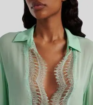 Blumarine Lace-trimmed Georgette Shirt - Green