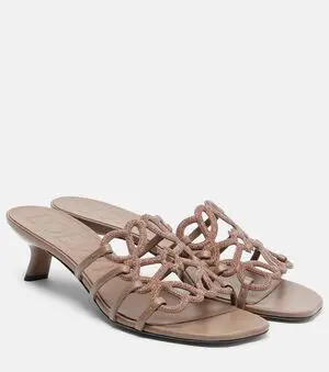 Loewe Petal Anagram Embellished Suede Mules - Brown