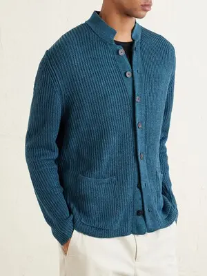 Inis Meáin Lightkeeper Ribbed Linen Cardigan - Blue