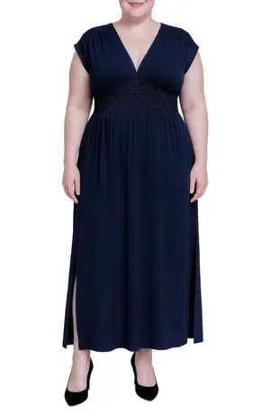 STANDARDS & PRACTICES V-neck Smocked Waist Midi Dress - Navy