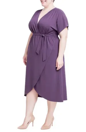 STANDARDS & PRACTICES Tie Front Faux Wrap Midi Dress - Purple