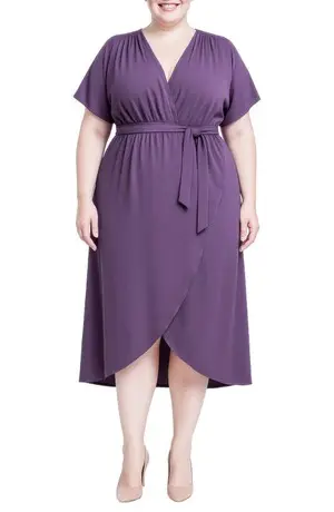 STANDARDS & PRACTICES Tie Front Faux Wrap Midi Dress - Purple