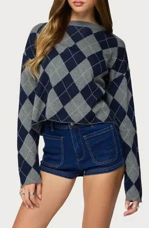 EDIKTED Argyle Crop Cotton Sweater