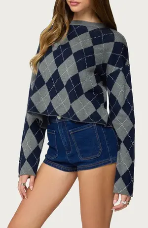 EDIKTED Argyle Crop Cotton Sweater