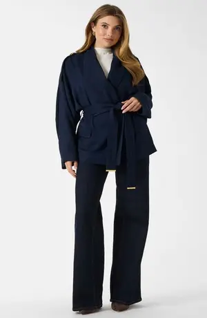 MARCIANO Abby Belted Wool Wrap Jacket - Medium Blue