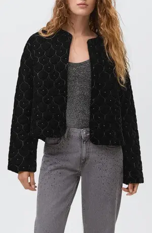 Mango Beaded Velvet Cropped Jacket