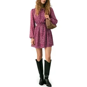 Mango Paisley Cutout Long Sleeve Dress - Maroon