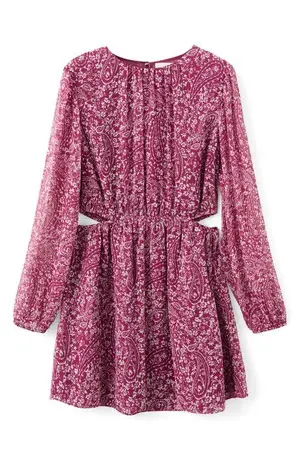 Mango Paisley Cutout Long Sleeve Dress - Maroon