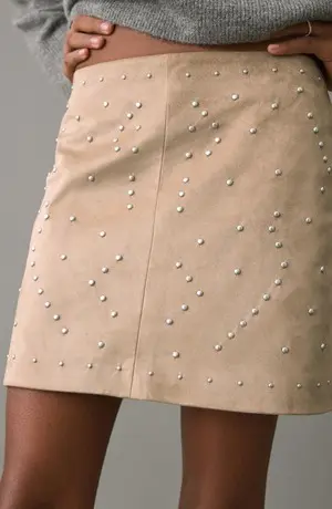 Mango Studded Faux Suede Mini Skirt - Sand