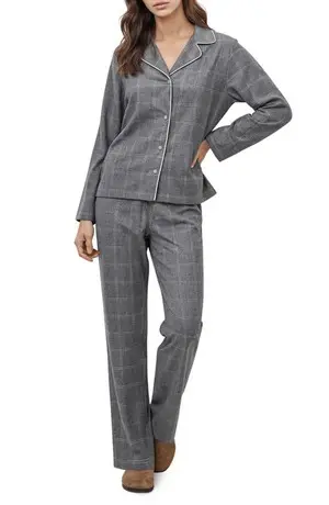 Mango Plaid Cotton Long Pajamas - Medium Heather Grey