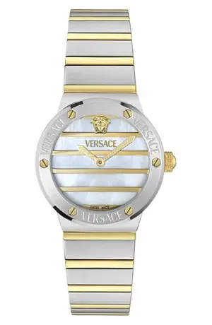 Versace Greca Logo Mother-of-pearl Bracelet Watch - White/two Tone