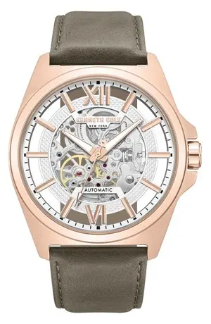 KENNETH COLE Skeleton Automatic Leather Strap Watch - Khaki