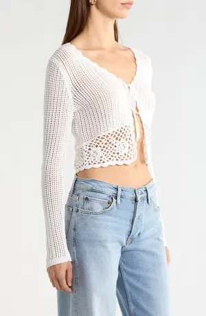 ALL IN FAVOR Crochet Detail Tie-front Sweater