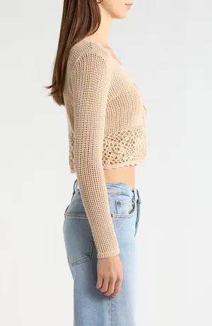 ALL IN FAVOR Crochet Detail Tie-front Sweater - Tan