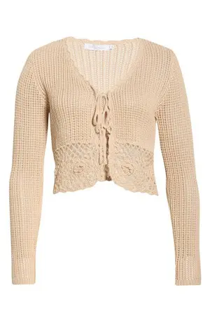 ALL IN FAVOR Crochet Detail Tie-front Sweater - Tan