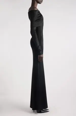 Balenciaga Off-the-shoulder Long Sleeve Metallic Knit Maxi Dress