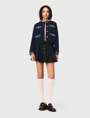 Maje Cropped Tweed Jacket With Denim Trim