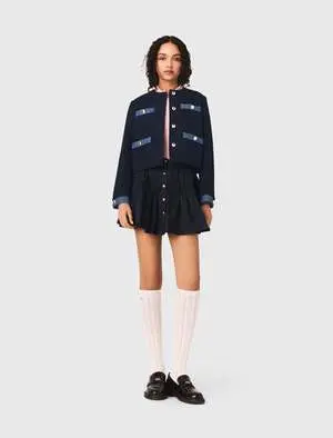 Maje Cropped Tweed Jacket With Denim Trim - Navy