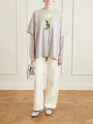 Acne Studios Printed Cotton-jersey T-shirt With Mesh Trim - Gray