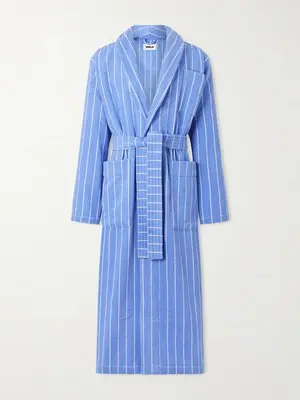 TEKLA Belted Striped Organic Cotton-terry Robe - Blue