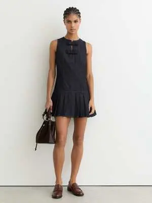 REISS Ruby Sleeveless Pleated Denim Mini Dress