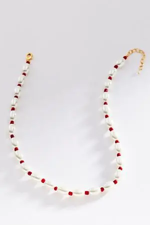 Anthropologie Beaded Pearl Necklace - Red
