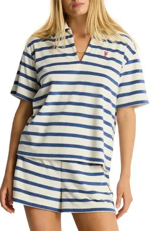 SEA LEVEL Ahoy Stripe Cotton Blend French Terry Cover-up Polo Shirt - Denim Blue
