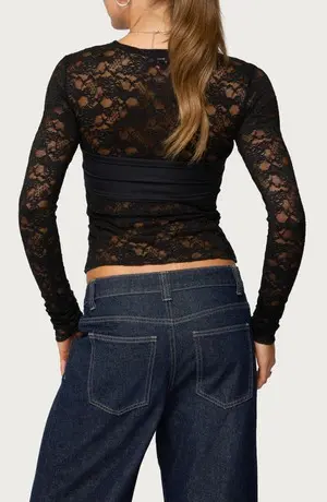 EDIKTED Rosette Lace Long Sleeve Top - Black