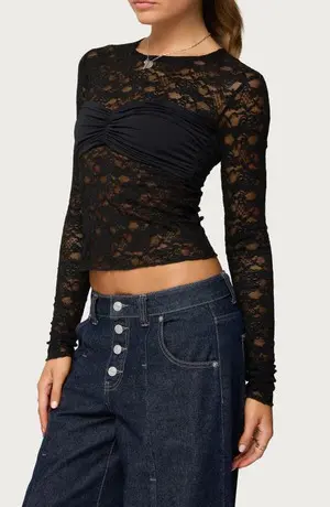 EDIKTED Rosette Lace Long Sleeve Top - Black