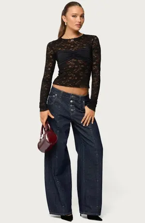 EDIKTED Rosette Lace Long Sleeve Top - Black