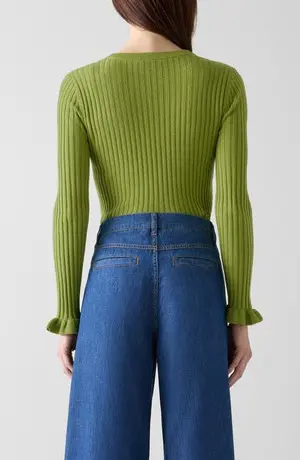 LK BENNETT Yara Ruffle Cuff Ribbed Crewneck Sweater