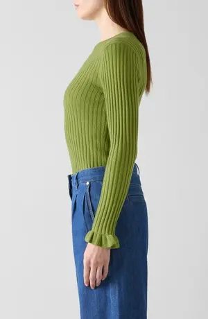 LK BENNETT Yara Ruffle Cuff Ribbed Crewneck Sweater
