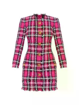 Balmain Plaid Frayed Button Dress
