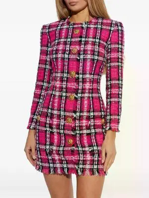 Balmain Plaid Frayed Button Dress