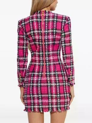 Balmain Plaid Frayed Button Dress