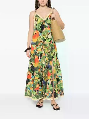 Farm Rio Bird Leaves Ruffled Maxi Dress - Green