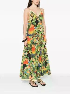 Farm Rio Bird Leaves Ruffled Maxi Dress - Green