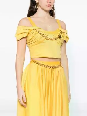 Elisabetta Franchi Stretch Cotton Top With Chain Detail - Yellow