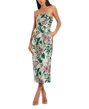 Mac Duggal Petite Floral Brocade Strapless Fitted Midi Dress - Lily