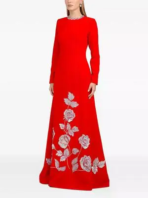 DINA MELWANI Floral Embroidered Column Maxi Dress - Red