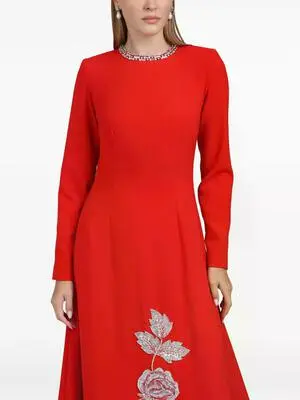 DINA MELWANI Floral Embroidered Column Maxi Dress - Red