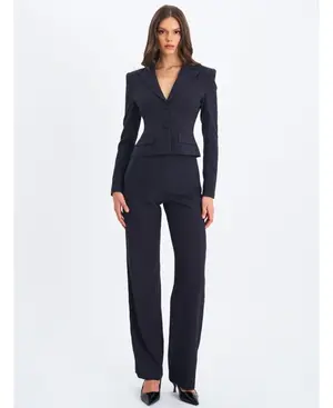 MISS CIRCLE NEW YORK Quinne Striped Single-breasted Peplum Blazer - Navy